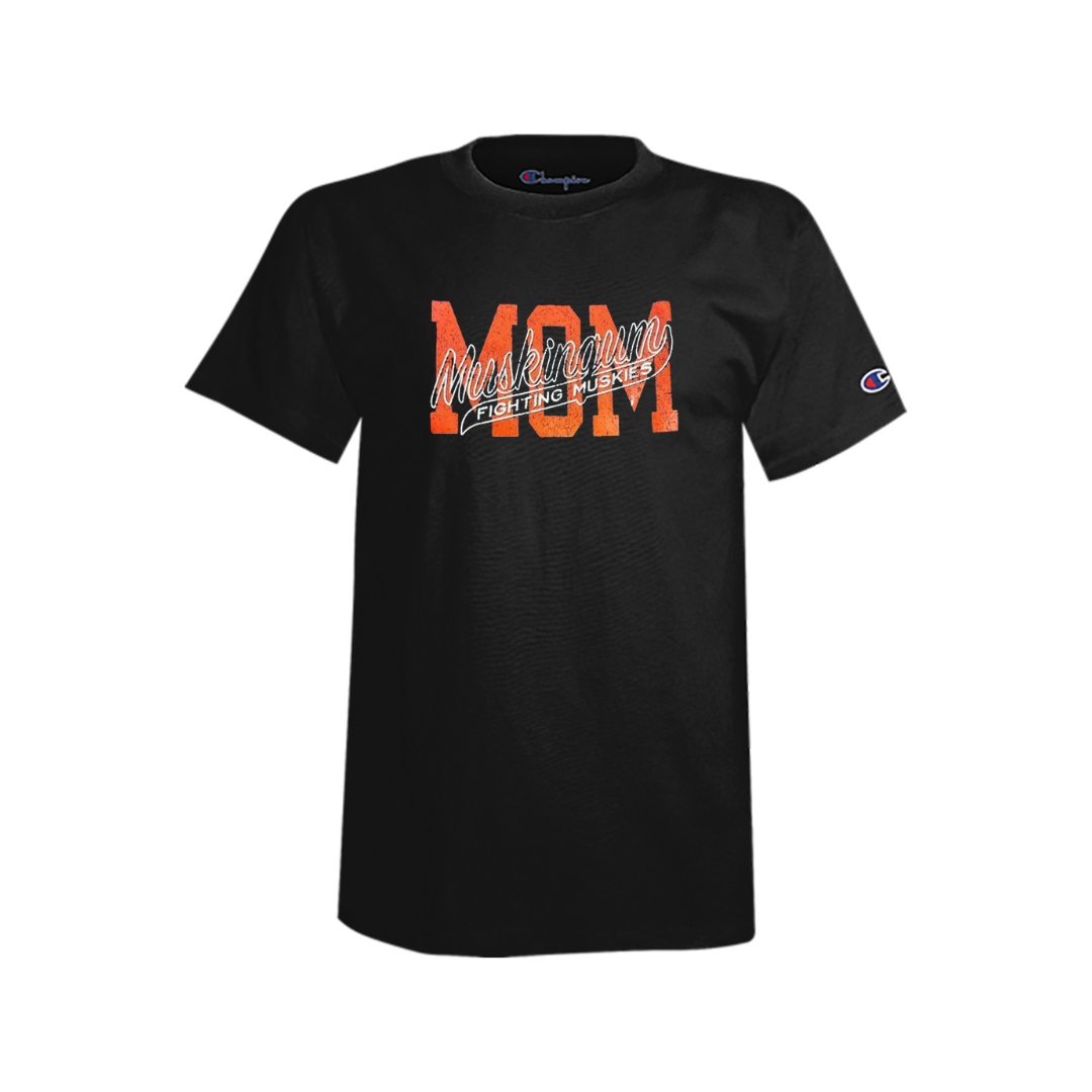 Muskingum University Champion Black Distressed Mom Tee with Red ...
